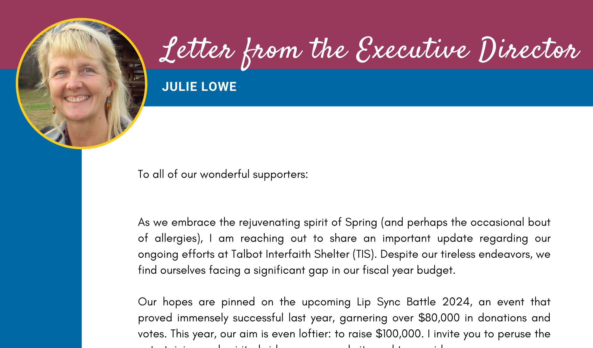 March Letter from the Executive Director, Julie Lowe